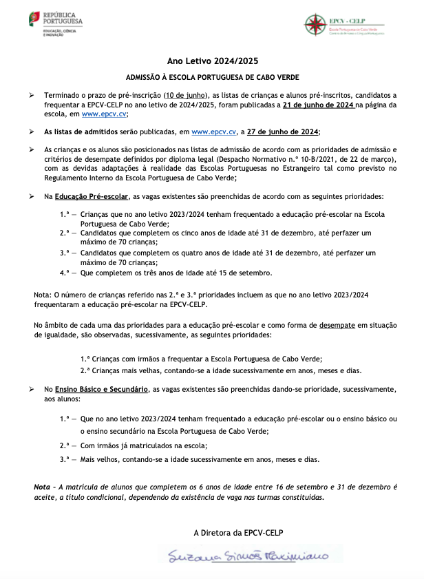 Admissão à Escola Portuguesa de Cabo Verde - 2024/2025 - Escola ...